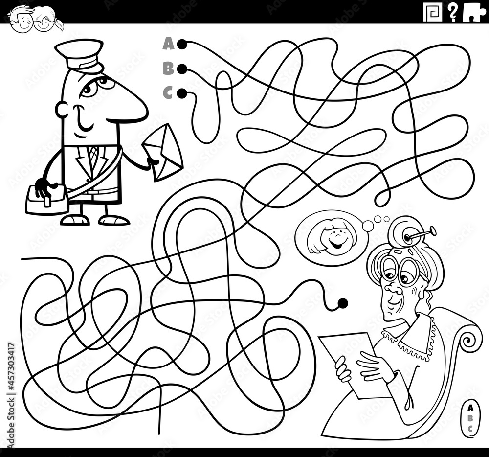 maze with postman and senior woman coloring book page Stock ...