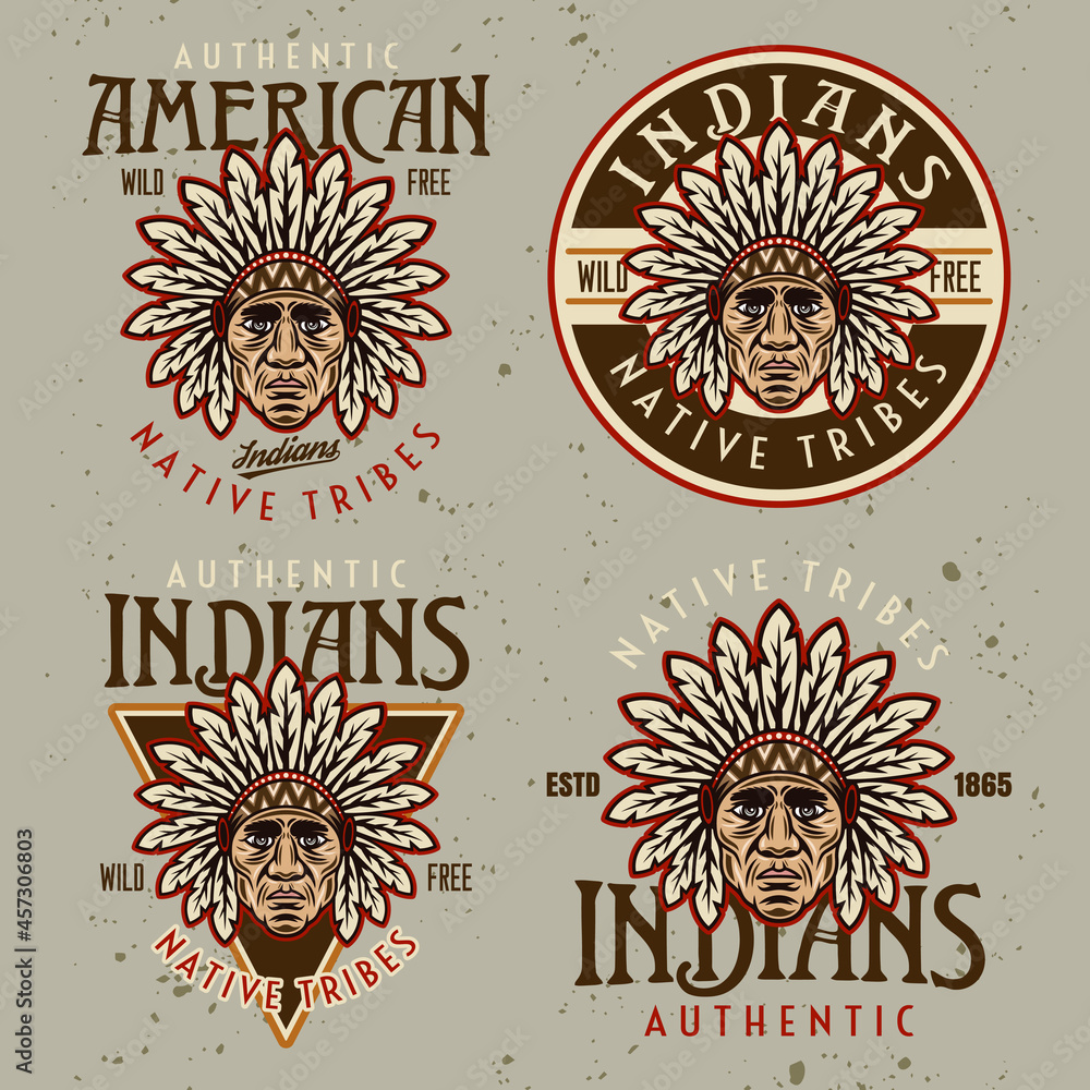 Native american indians set of four vector vintage emblems, labels ...