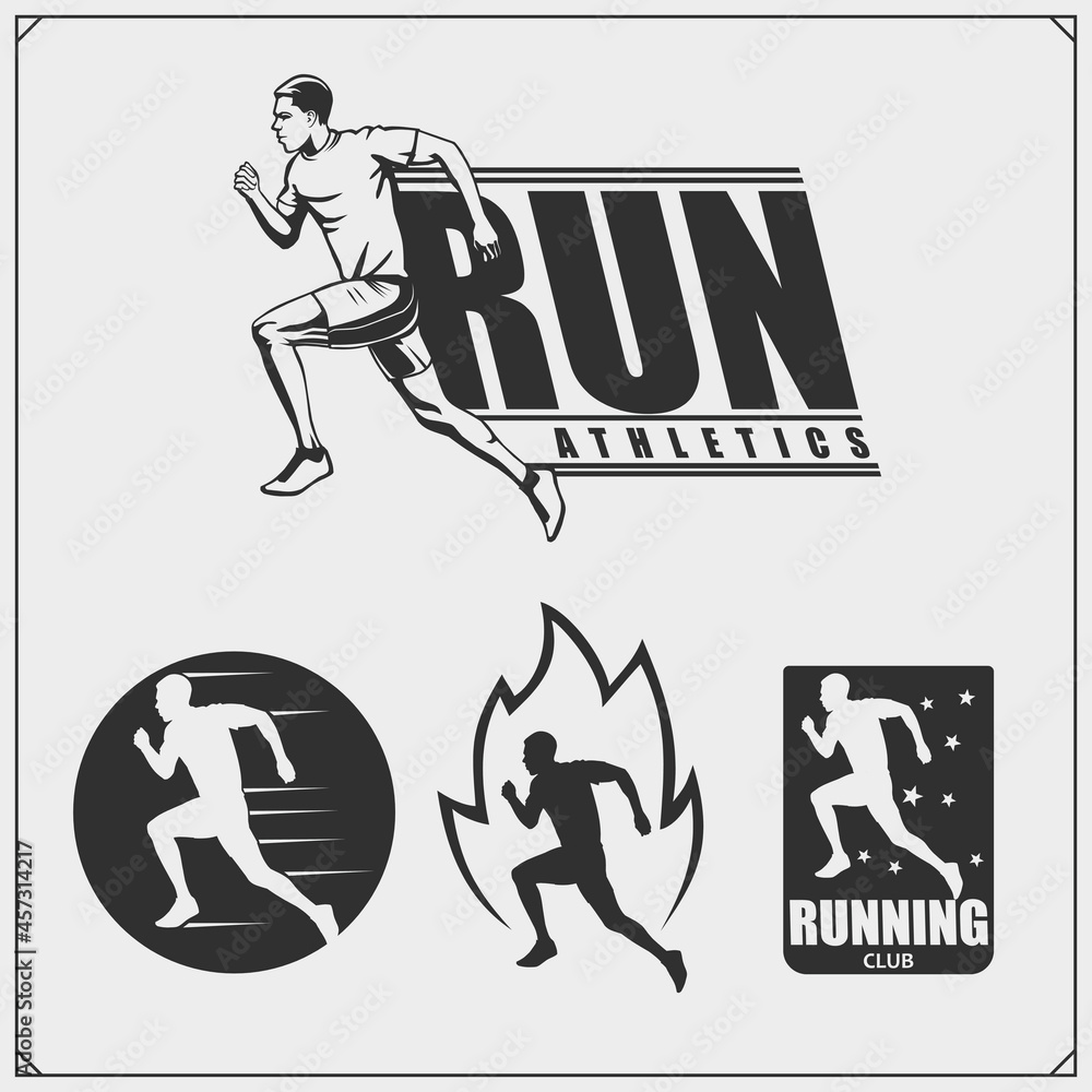 Set of running club labels, emblems and design elements. Silhouettes of ...