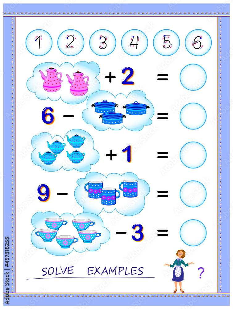 Educational page for little children on addition and subtraction. Solve ...