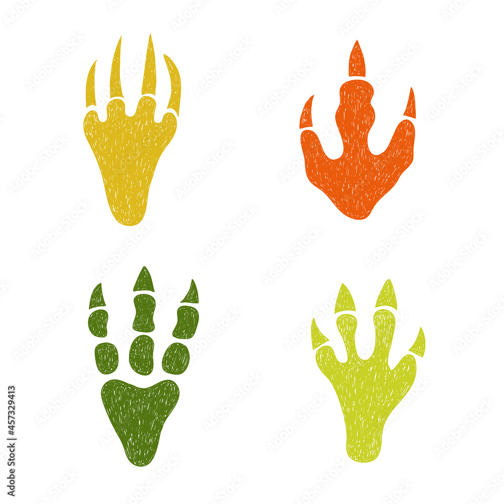 Dinosaur footprint set. Doodle colorful vector illustration of dinosaur ...