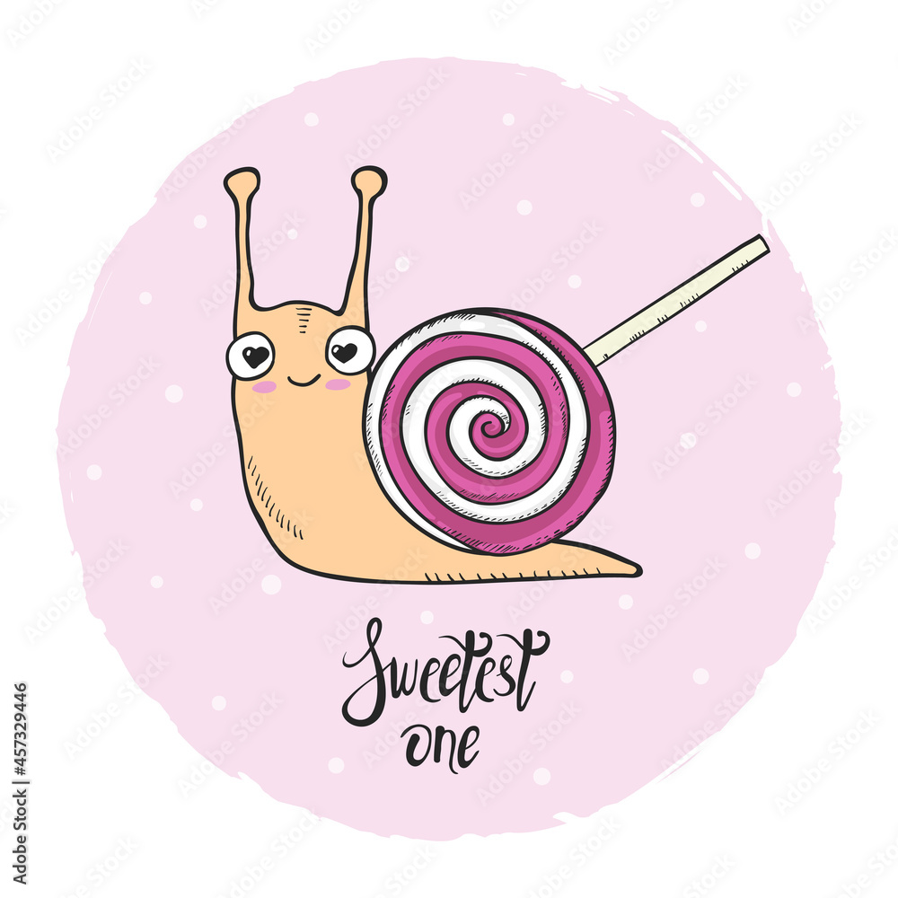 Cartoon snail with candy lollipop as shell. Baby vector illustration ...