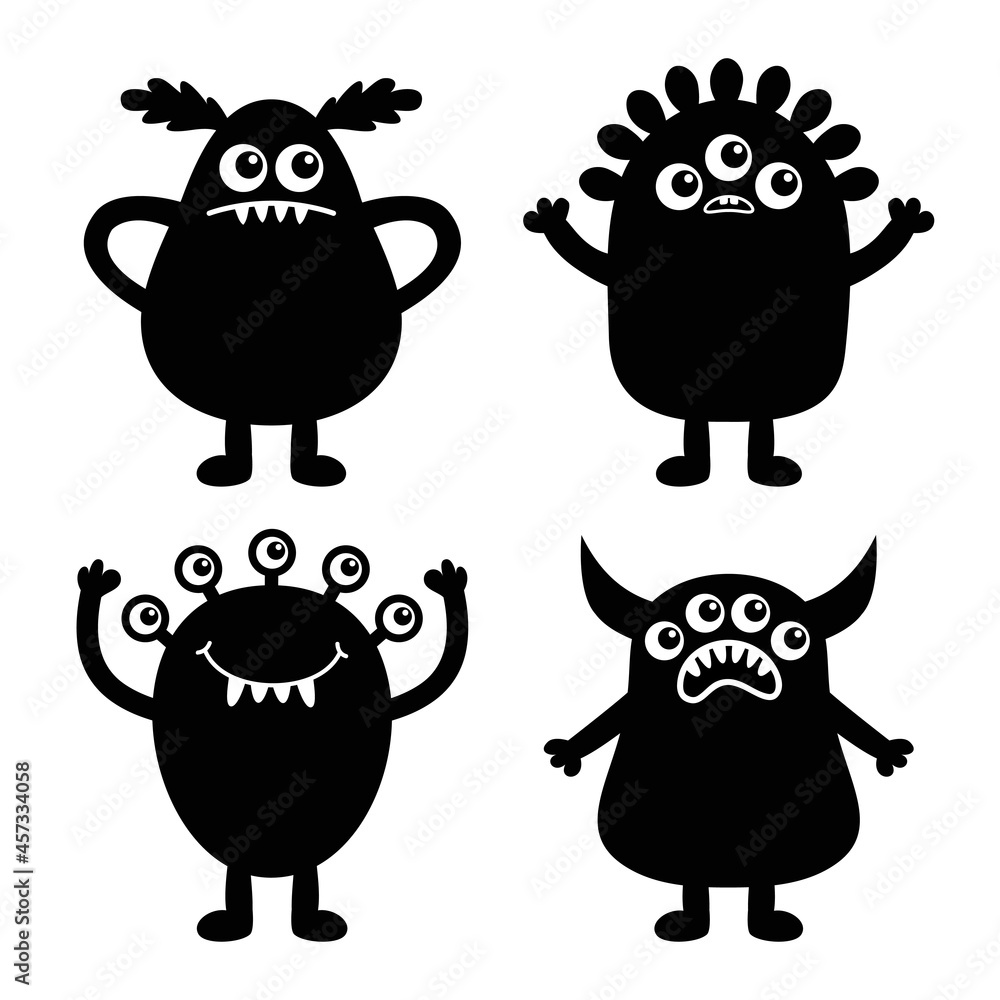 Happy Halloween. Monster icon set. Funny face head body black ...