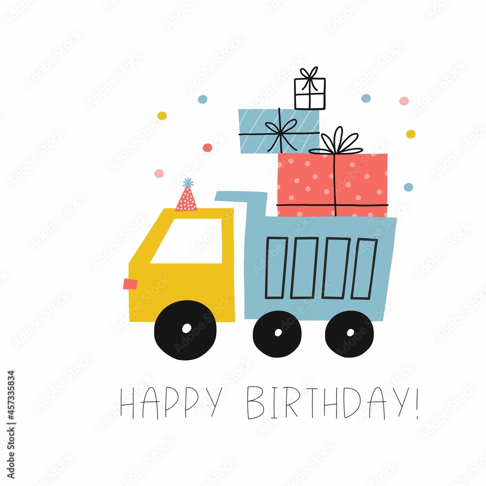Cute cartoon car - Happy Birthday vector print. Cars, truck on birthday ...