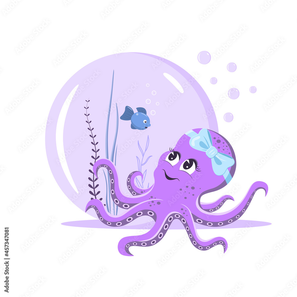 Cute purple octopus girl with a bow on her head. Vector illustration ...