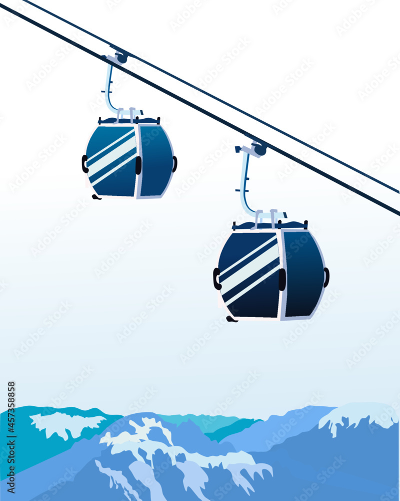 vector illustration of ski elevator, Cable car moving in the Snowy ...