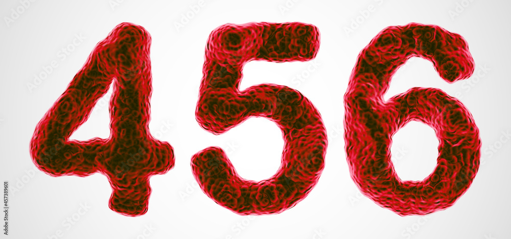 Red blood in shape of 3D digits 4, 5, 6 on white background. Set of ...