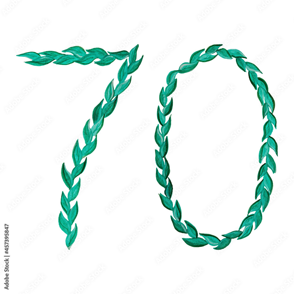 Watercolor hand drawn number 70 of green leaves isolated on a white ...