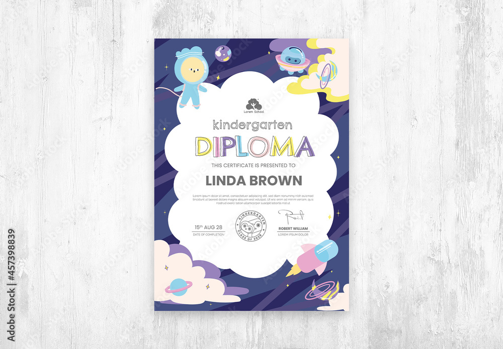 Kindergarten Certificate with Cute Pink and Purple Galaxy Illustration ...