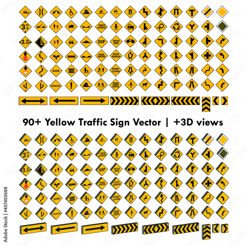 all yellow traffic signs vector set, 3d traffic signs set. Universal ...