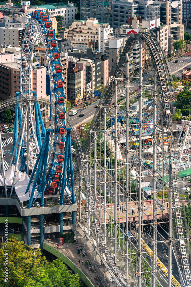 tokyo, japan - may 03 2021: Bird view of the steel roller coaster ...