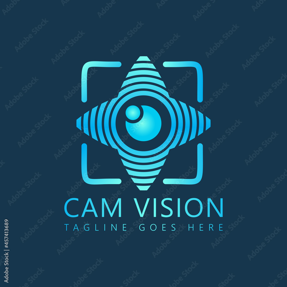 Abstract Camera, Eye Vision Logo. Blue Linear Geometric with Arrow and ...