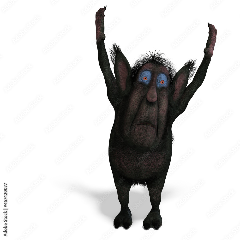 3D-illustration of a cute and funny cartoon troll wondering, over white ...