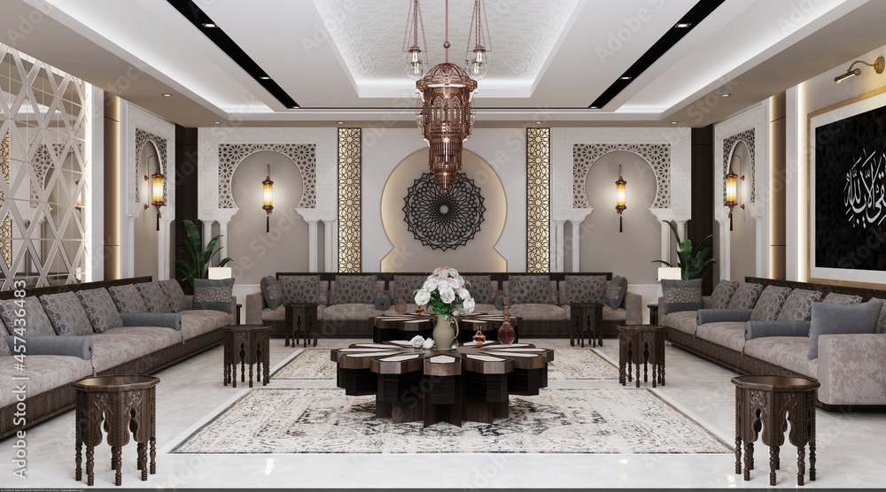 Luxurious Islamic design reception desk with mirrors on the wall, plate ...