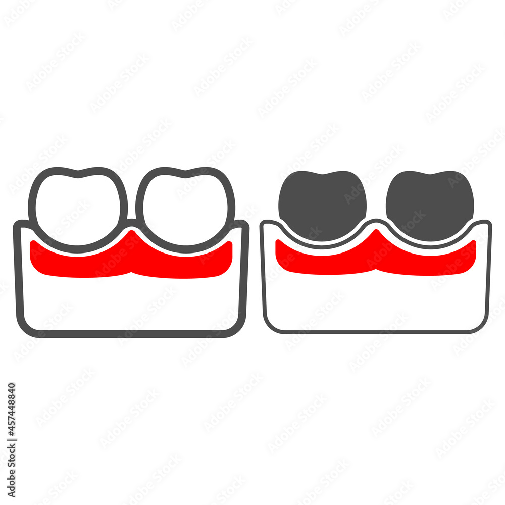 Gum is inflamed line and solid icon, body pain concept, dental problems ...