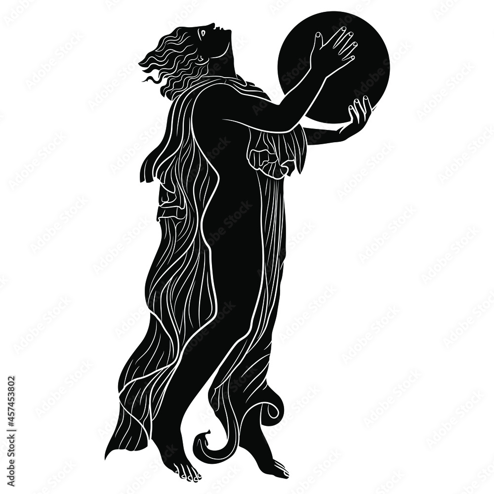 Ancient Greek or Roman dancer with tambourine. Black and white negative ...