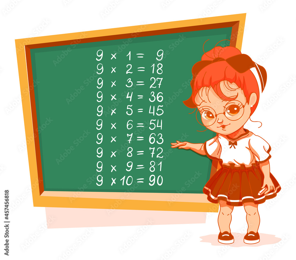 Schoolgirl at blackboard 9 nine multiplication table vector cartoon ...