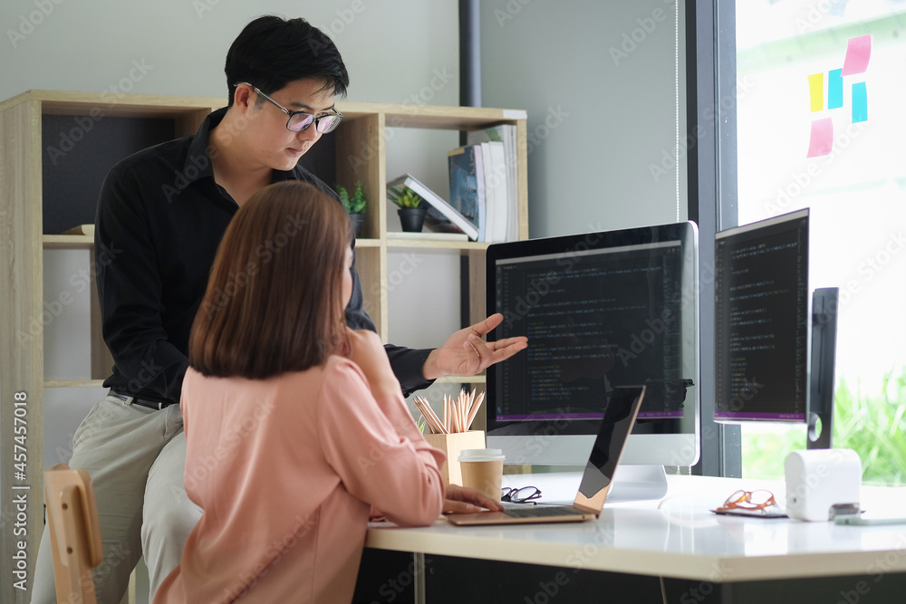 Side View Of Female Programmer Working With Computer At Modern Office Developing Programming