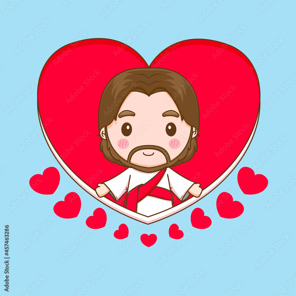 Cute Jesus with love chibi cartoon character vector de Stock | Adobe Stock