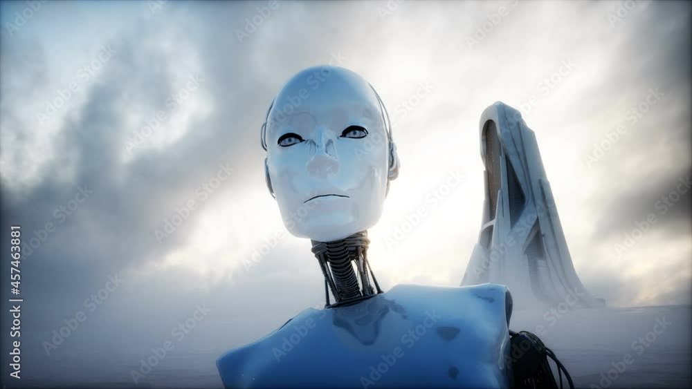 Female robot and futuristic city background. Future concept. Realistic ...