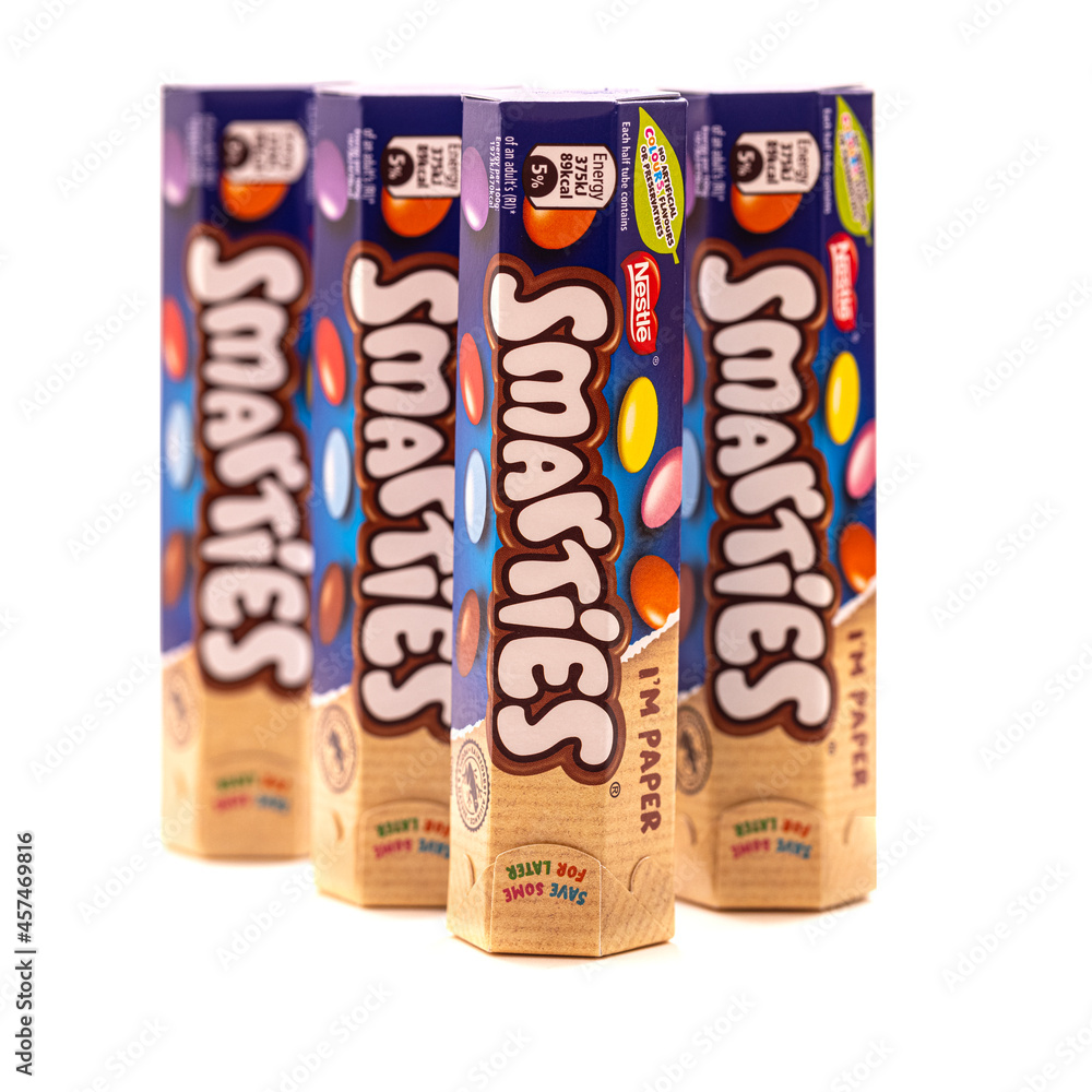 Tubes of Smarties in the new 100% recyclable paper packaging Stock ...