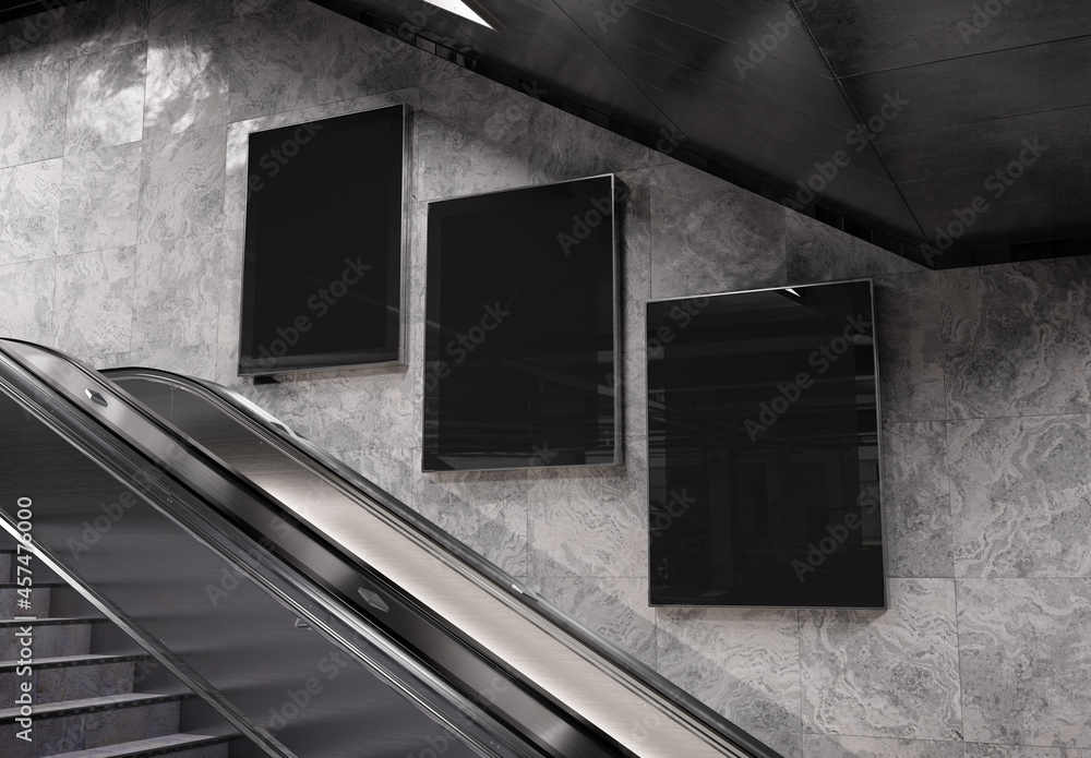 Three vertical billboards on underground wall Mockup. Hoardings ...