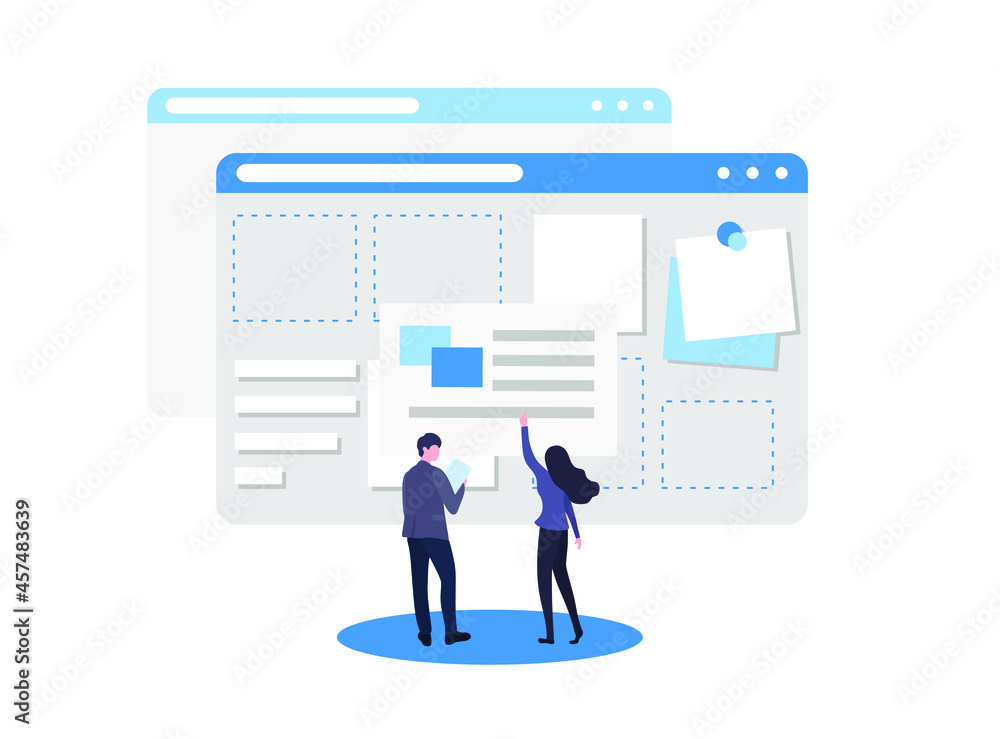 A young girl and a man are creating a website. Little people assemble a ...