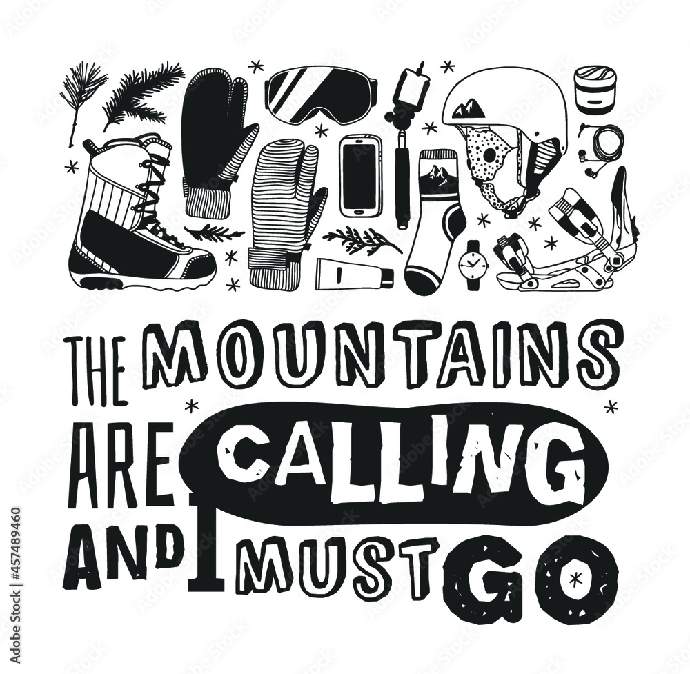 Hand drawn Fashion Illustration Snowboarding Things and text. Creative ...