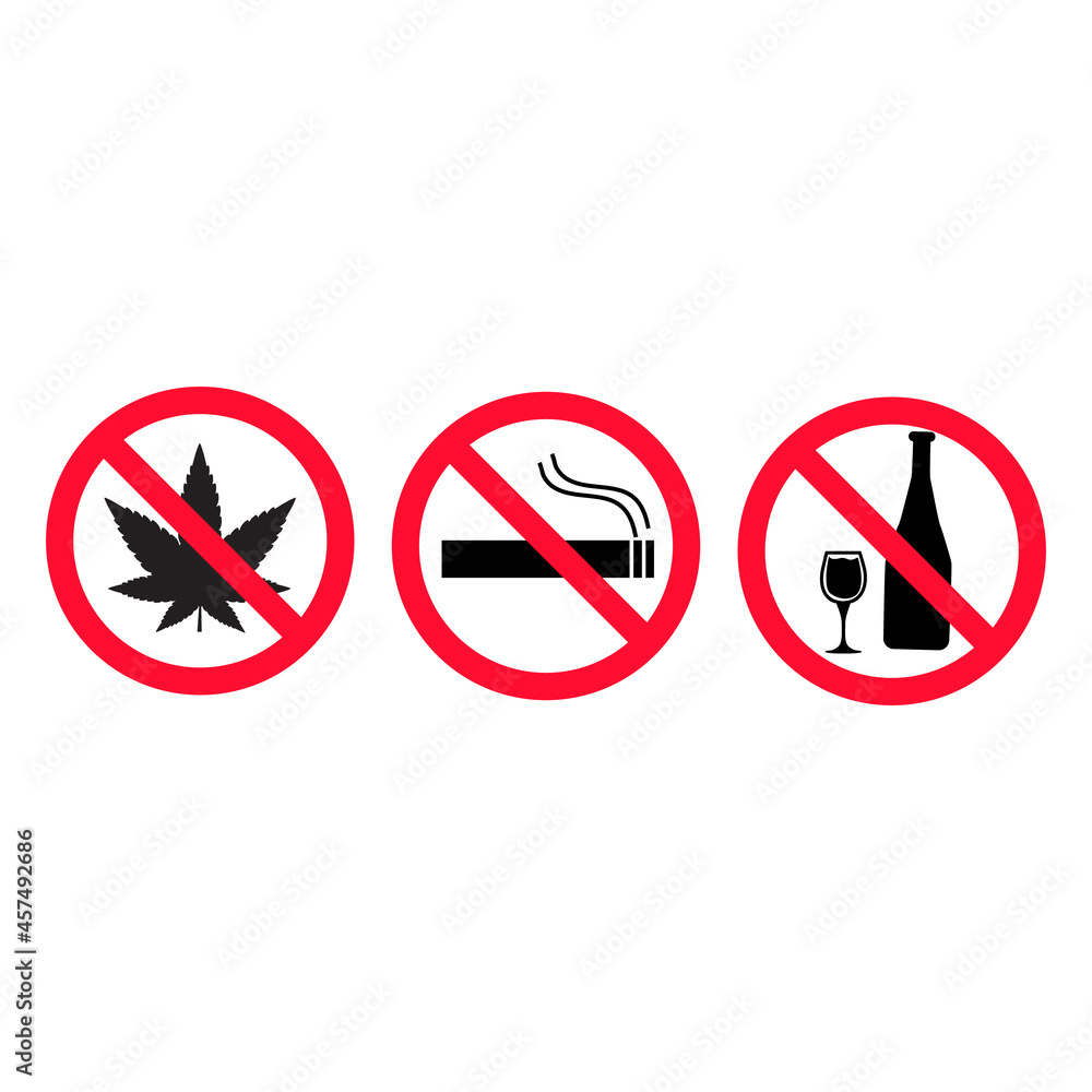 Set of prohibiting signs on white background. do not smoke, no alcohol ...