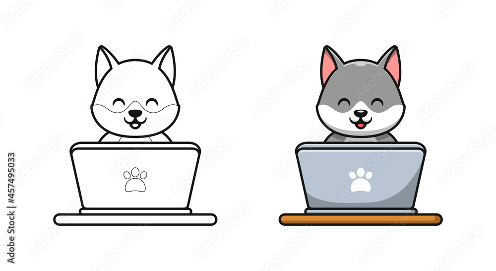 Cute wolf playing laptop cartoon coloring pages for kids Stock Vector ...