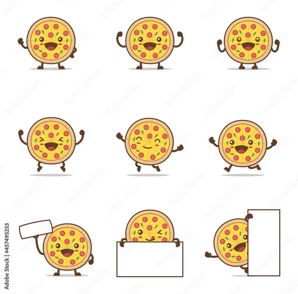 cute pizza cartoon. with happy facial expressions and different poses ...