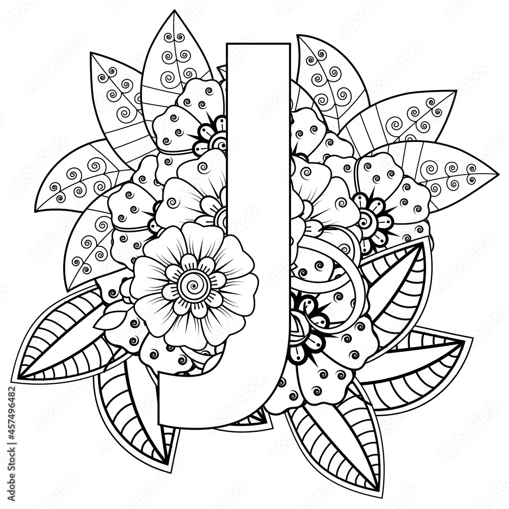 Letter J with Mehndi flower. decorative ornament in ethnic oriental ...