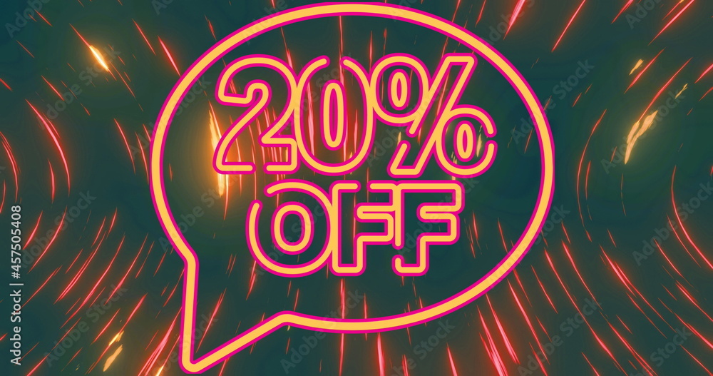 Image of 20 percent off text in orange and pink neon letters with light ...