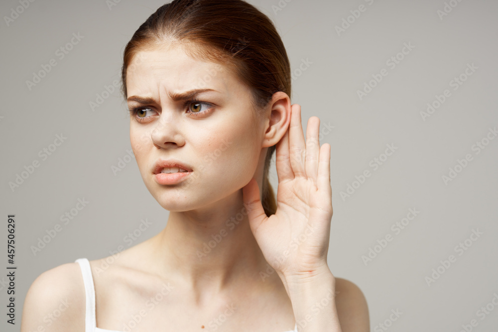 sick woman ear pain otitis media health problems infection light ...