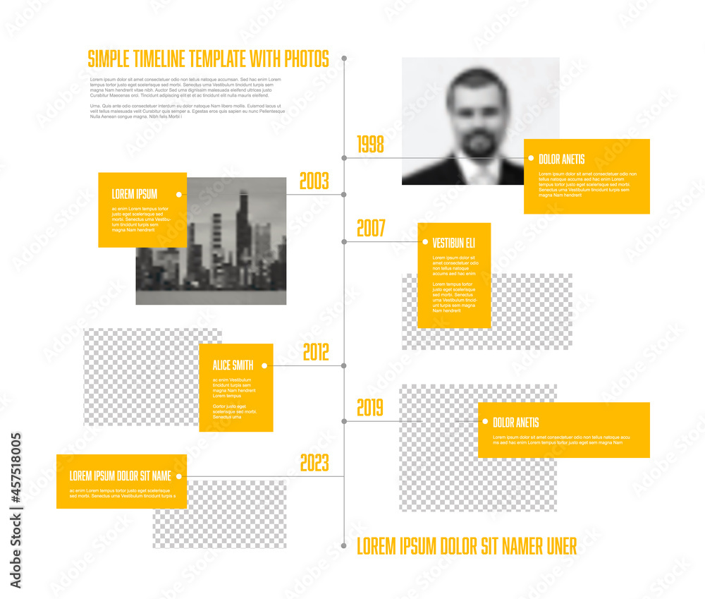 Simple minimalistic vertical photo timeline template with yellow accent ...