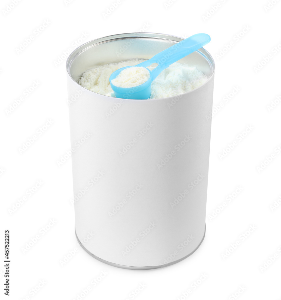 Blank can of powdered infant formula with scoop isolated on white ...