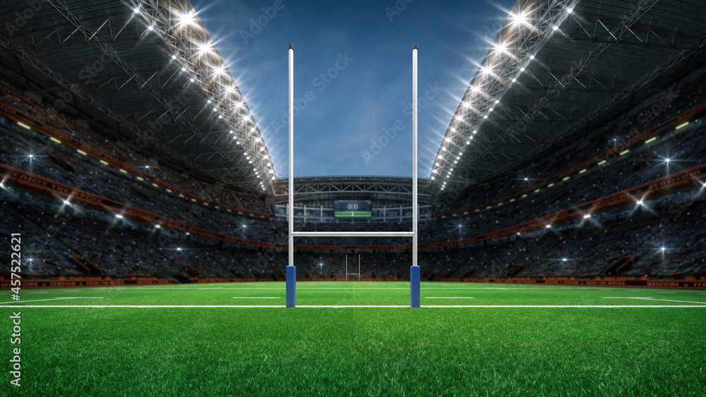 Rugby professional stadium with goal post, grassy playground and fan ...