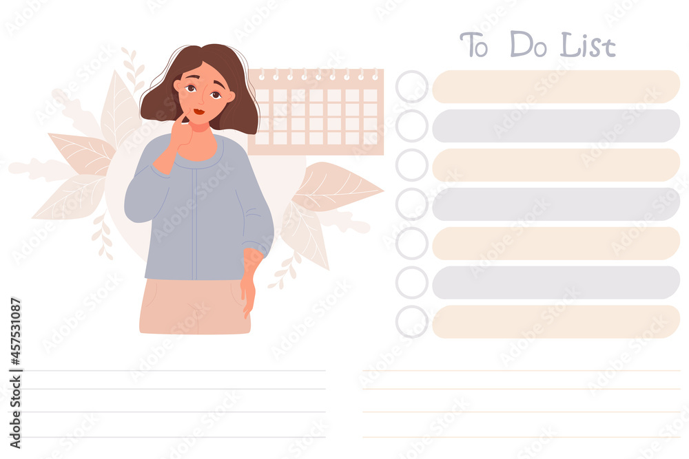 Girl and To-Do List. cute pensive girl on decorative background looks ...