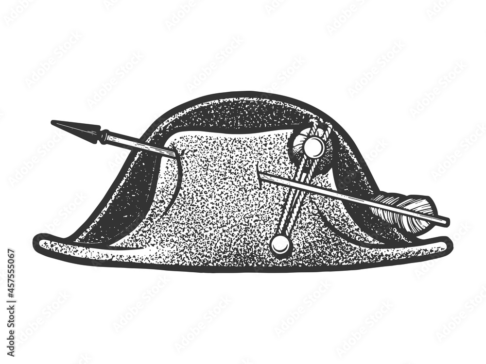 Arrow pierced napoleon hat sketch engraving vector illustration. T ...