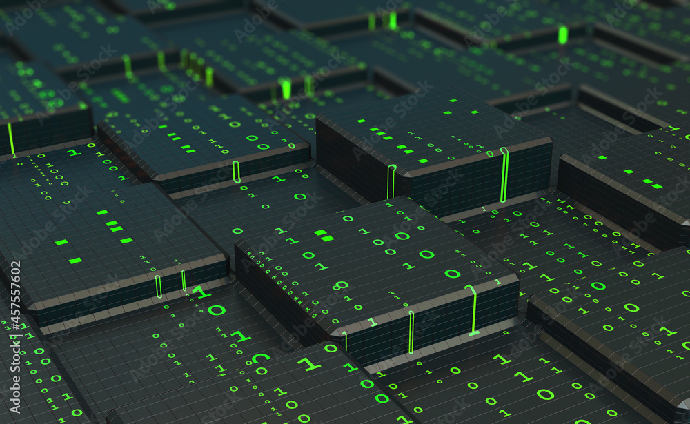 Futuristic Cpu And Machine Learning Concept 3d Illustration Stream Of Binary Code Microchip