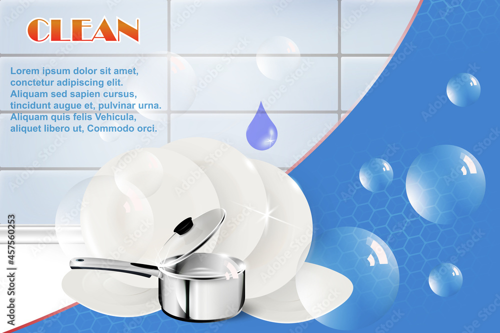 Dishwashing announcement. Realistic advertising background with ...