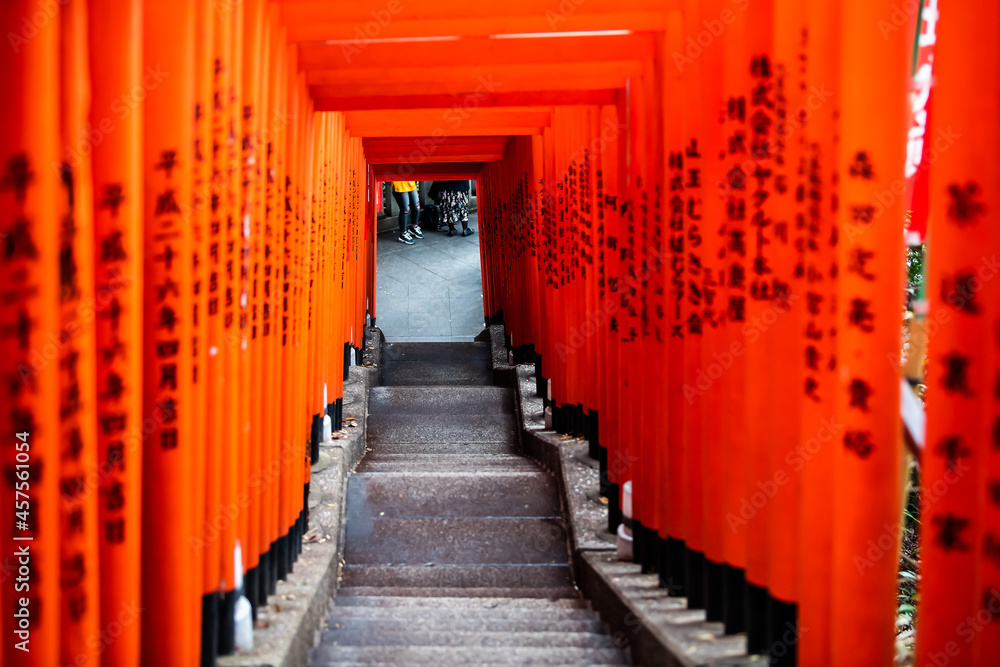 Tokyo, Japan - March 31, 2019: Hie shrine gate entrance stairs steps ...