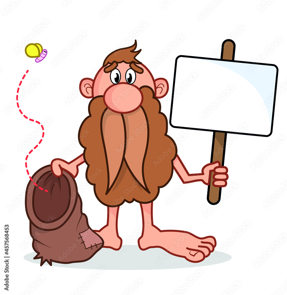 Hombre pobre - Mendigo con larga barba, saco vacío y letrero en la mano ...