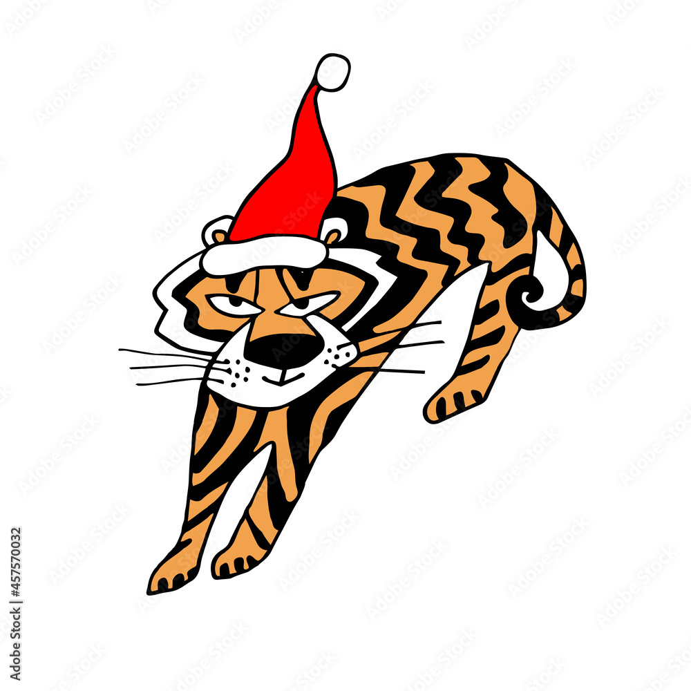 Christmas symbol 2022 tiger in holiday red cap drawn by hand in doodle ...