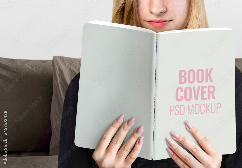 Book Cover Mockup with Woman Reading Stock Template | Adobe Stock