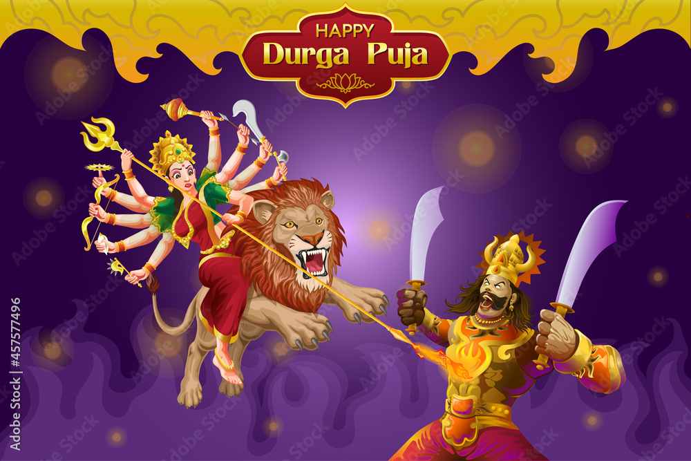Durga Puja greetings with Goddess attacking the Giant Stock Vector ...