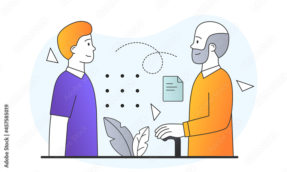 Yoiung and old men look at each other. Professor checks student for ...