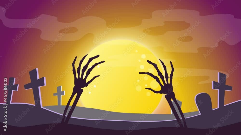 Happy Halloween or Day of the death animation. Hand skeleton showing ...