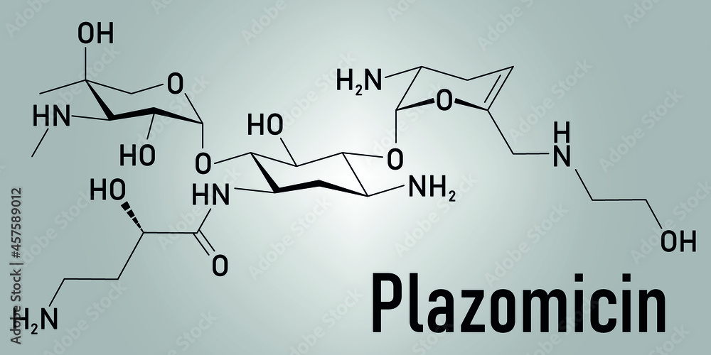 Plazomicin antibiotic drug molecule (aminoglycoside class). Skeletal ...