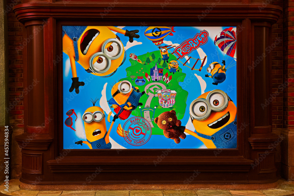 OSAKA, JAPAN - Oct 13, 2020 : Close up of HAPPY MINIONS wall art in ...